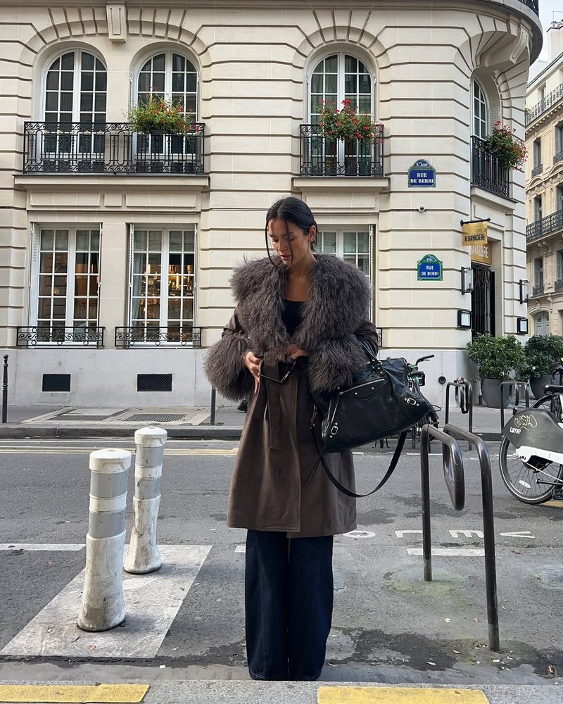 Fur-trimmed coat in rich brown wool%2C styled with a black handbag and wide-leg denim%2C set against a Parisian street backdrop.