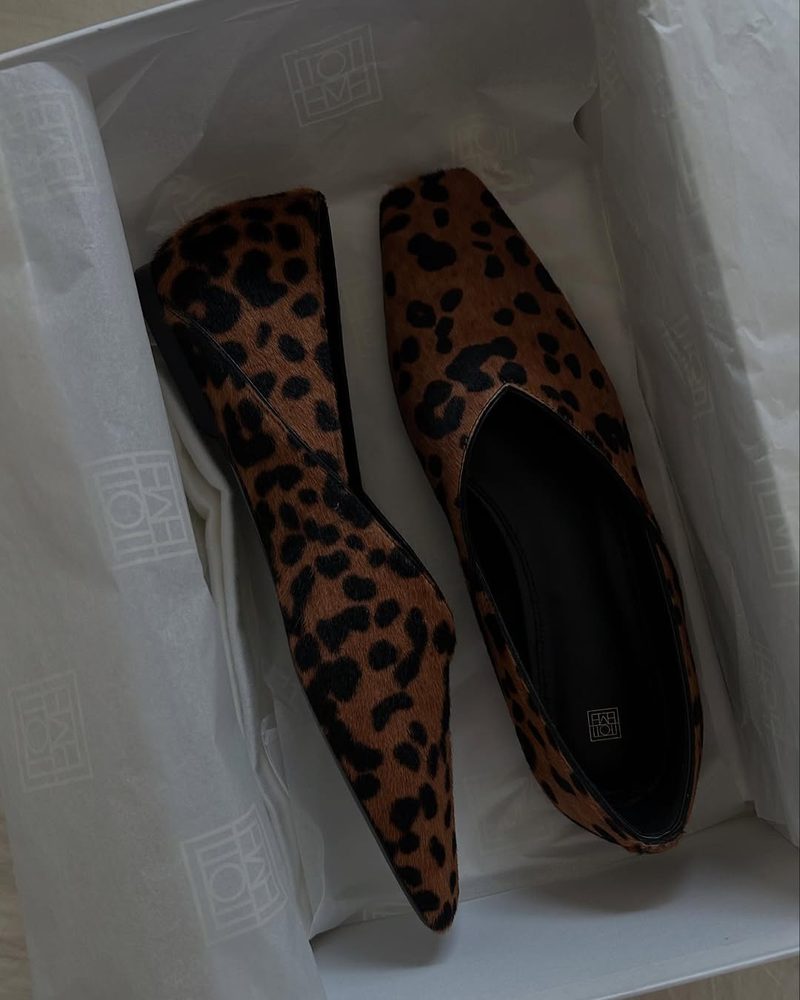 Brown leopard print flats from the brand Toteme%2C featuring a sleek pointed toe and soft fabric%2C elegantly placed in a white box.