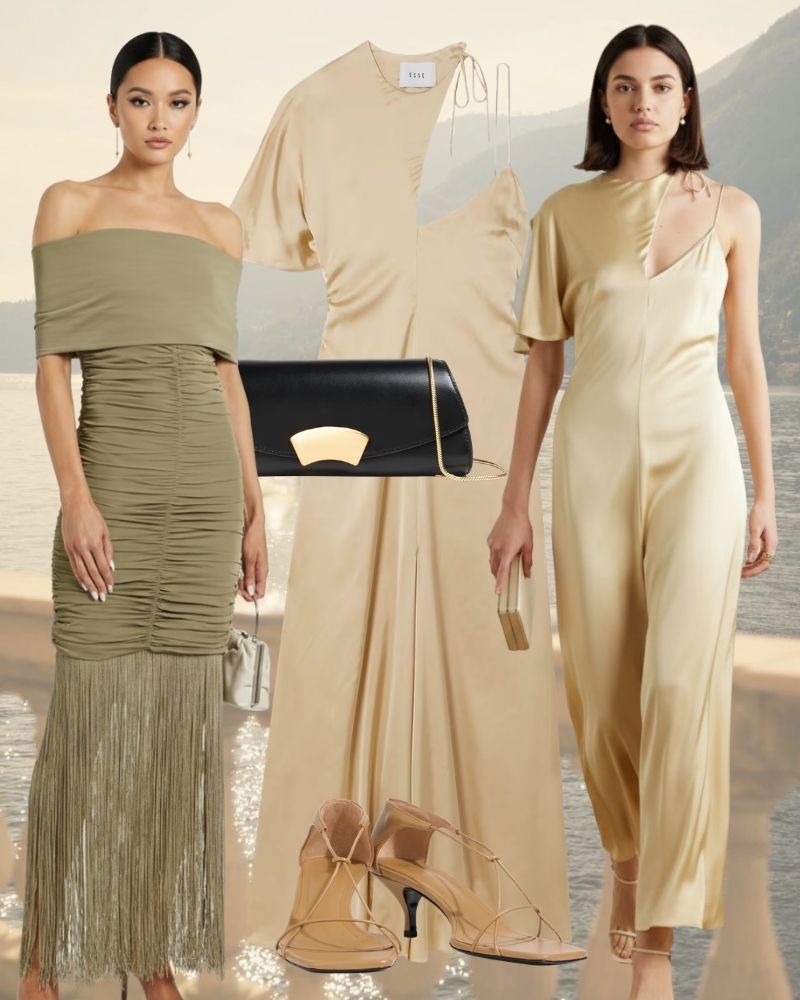 Eveningwear edit with ruched olive off-shoulder dress%2C satin jumpsuit%2C strappy heels and clutch on seaside terrace