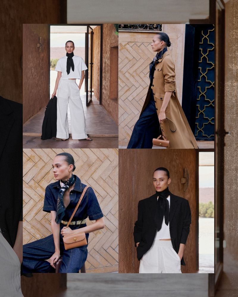 Fashion collage of models in white wide-leg set%2C denim jumpsuit and trench coat%2C styled with scarves in a sunlit corridor