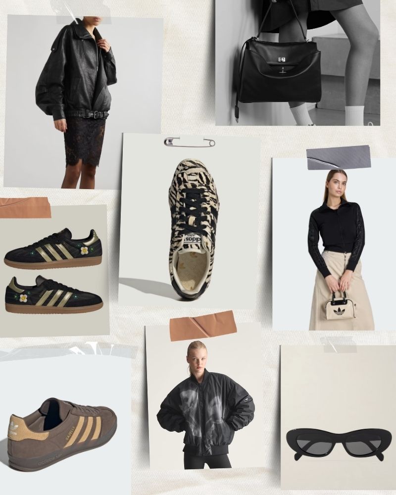 Adidas street style collage featuring track pants%2C leather jacket%2C Samba sneakers%2C black shoulder bag and sunglasses on an editorial backdrop