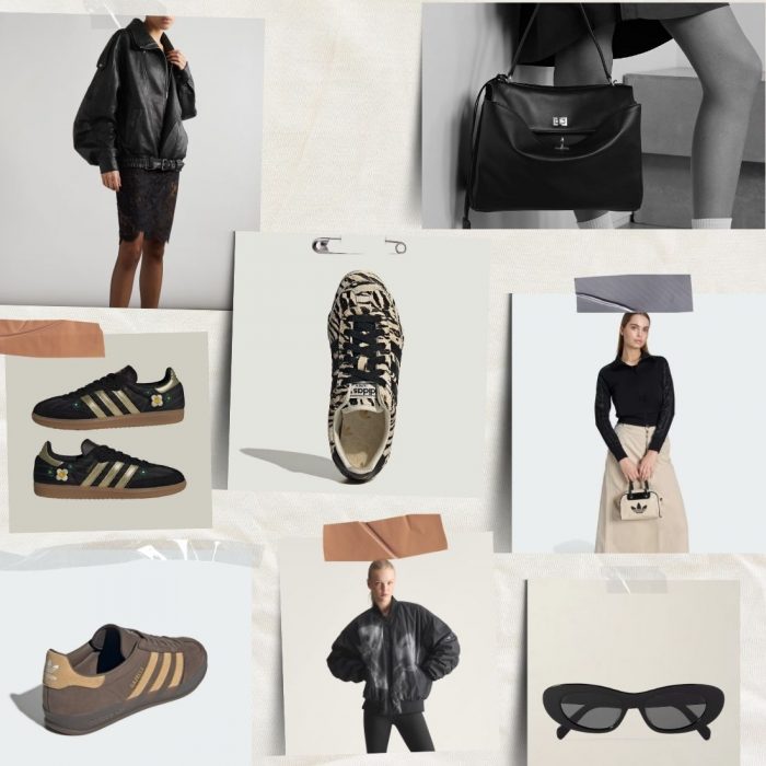 Adidas street style collage featuring track pants, leather jacket, Samba sneakers, black shoulder bag and sunglasses on an editorial backdrop