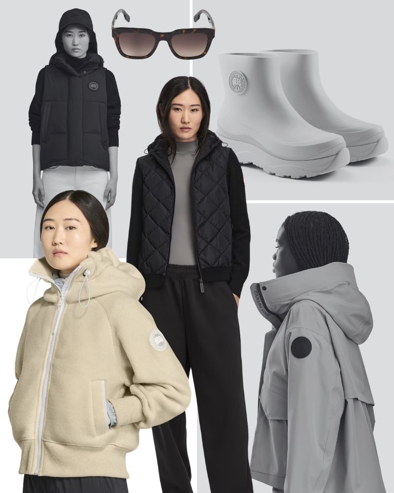 Canada Goose outerwear collage featuring quilted puffer vest%2C zip hoodie%2C rain jacket%2C sunglasses%2C and rubber boots in neutral tones