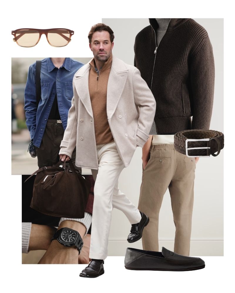 Mr Porter menswear edit featuring beige peacoat%2C knit sweater%2C tailored trousers and leather loafers in studio collage