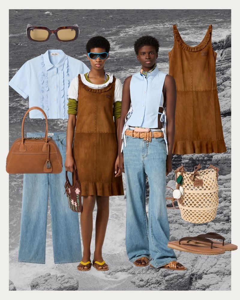Miu Miu summer looks with blue blouse and denim jeans paired with brown suede dress%2C woven bags and sandals on coastal backdrop
