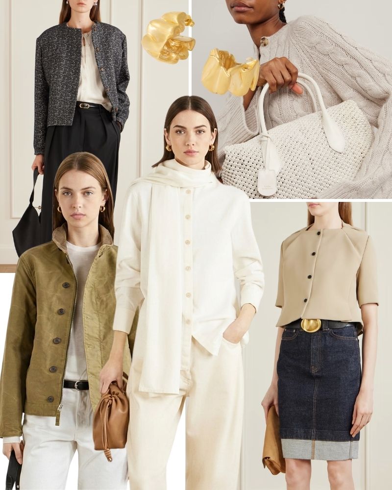 Models in neutral spring outfits featuring tailored jackets%2C knitwear%2C woven tote bag and gold statement earrings in studio collage