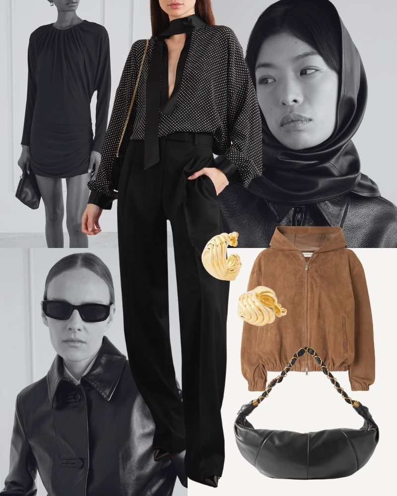 Polka-dot tie-neck blouse with black wide-leg trousers%2C suede bomber jacket%2C leather hobo bag%2C and gold earrings in collage layout