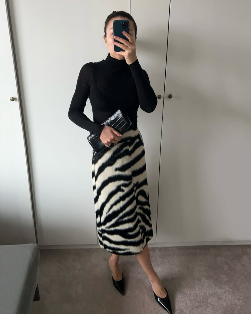 Chic ensemble featuring a black sheer turtleneck paired with a bold zebra-print midi skirt and sleek black pointed-toe heels.