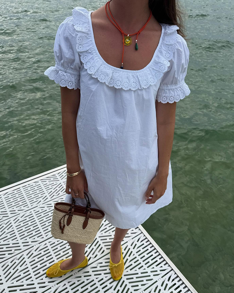 knee length dresses for ladies Broderie Anglaise Cotton Ruffle White Mini Dress