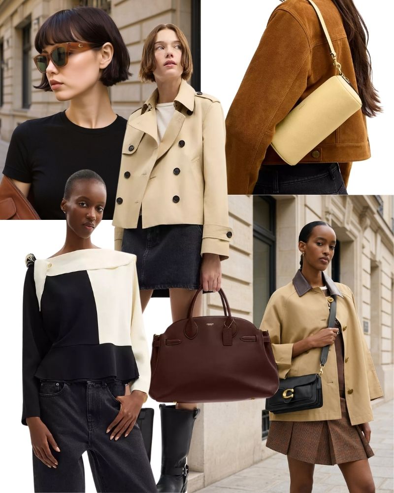Coach fall fashion collage featuring trench coats%2C leather handbags%2C sunglasses and tailored outfits styled on city streets