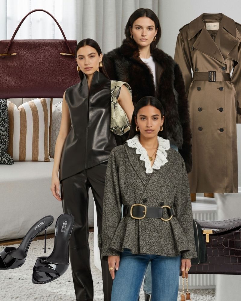 Fall wardrobe edit featuring leather vest and trousers%2C belted tweed jacket%2C fur coat%2C trench and burgundy tote in chic interior setting