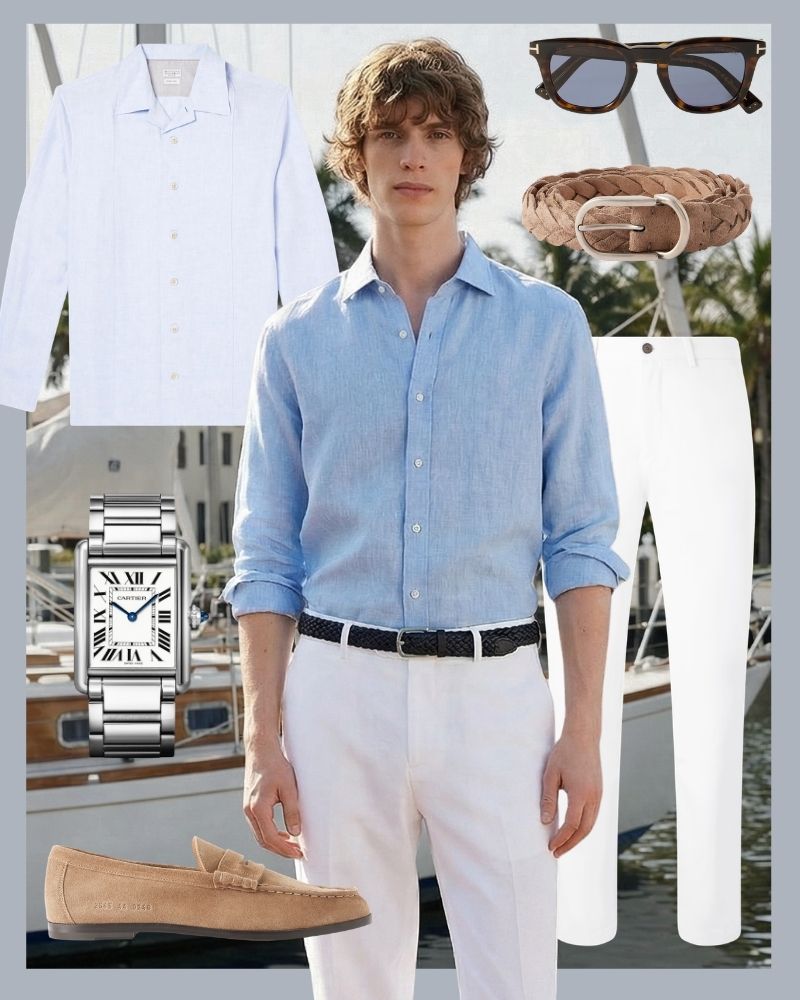 Man in light blue linen shirt and white trousers with Cartier Tank watch%2C suede loafers and braided belt on marina dock