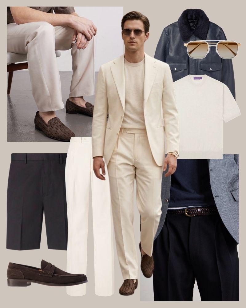 Men%E2%80%99s cream tailored suit with loafers and sunglasses%2C styled with neutral wardrobe essentials in curated fashion collage layout