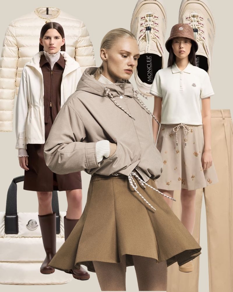 Moncler collection featuring neutral puffer jackets%2C hooded windbreakers%2C pleated skirts%2C logo sneakers%2C and bucket hat in layered editorial collage