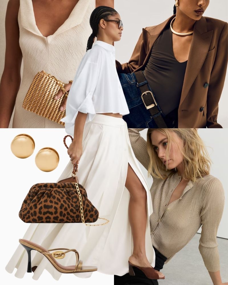 Models in neutral dresses%2C blazers%2C and skirts with gold jewelry%2C leopard clutch%2C and heeled sandals in curated fashion collage