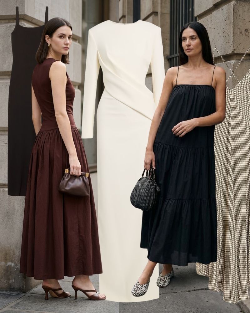 Elegant midi dress edit featuring brown sleeveless dress%2C black tiered sundress and ivory long-sleeve dress styled on city street backdrop