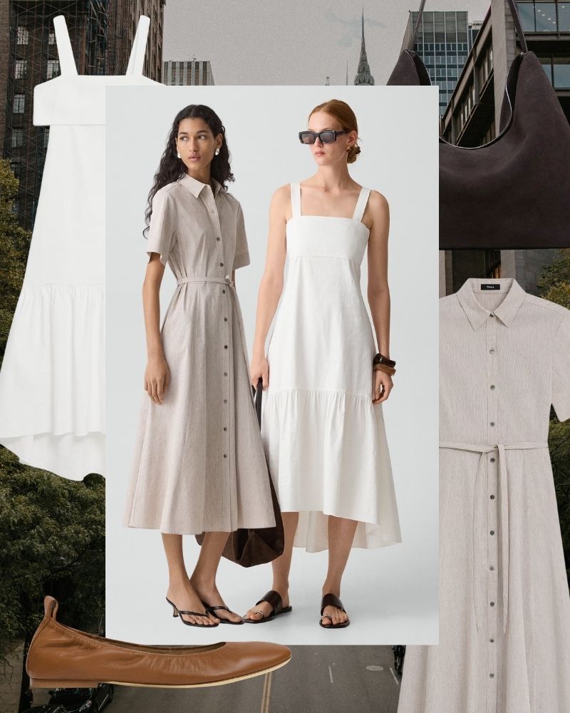 Models in neutral linen midi dresses with sandals%2C leather tote bag%2C and ballet flats%2C styled in layered cityscape fashion collage