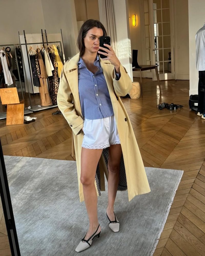 Stylish model in a light yellow trench coat over a blue striped shirt and white shorts%2C paired with black and white block-heel mules