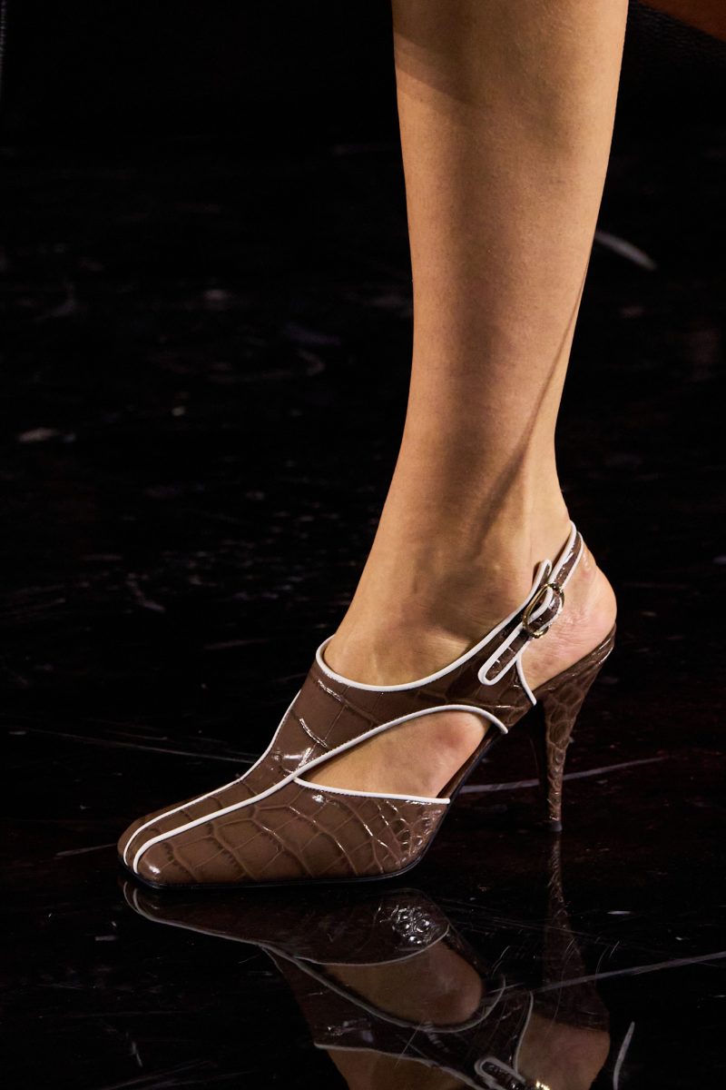 brown patent leather slingback heels with white trim and crocodile texture from Chanel spring summer 2026 collection