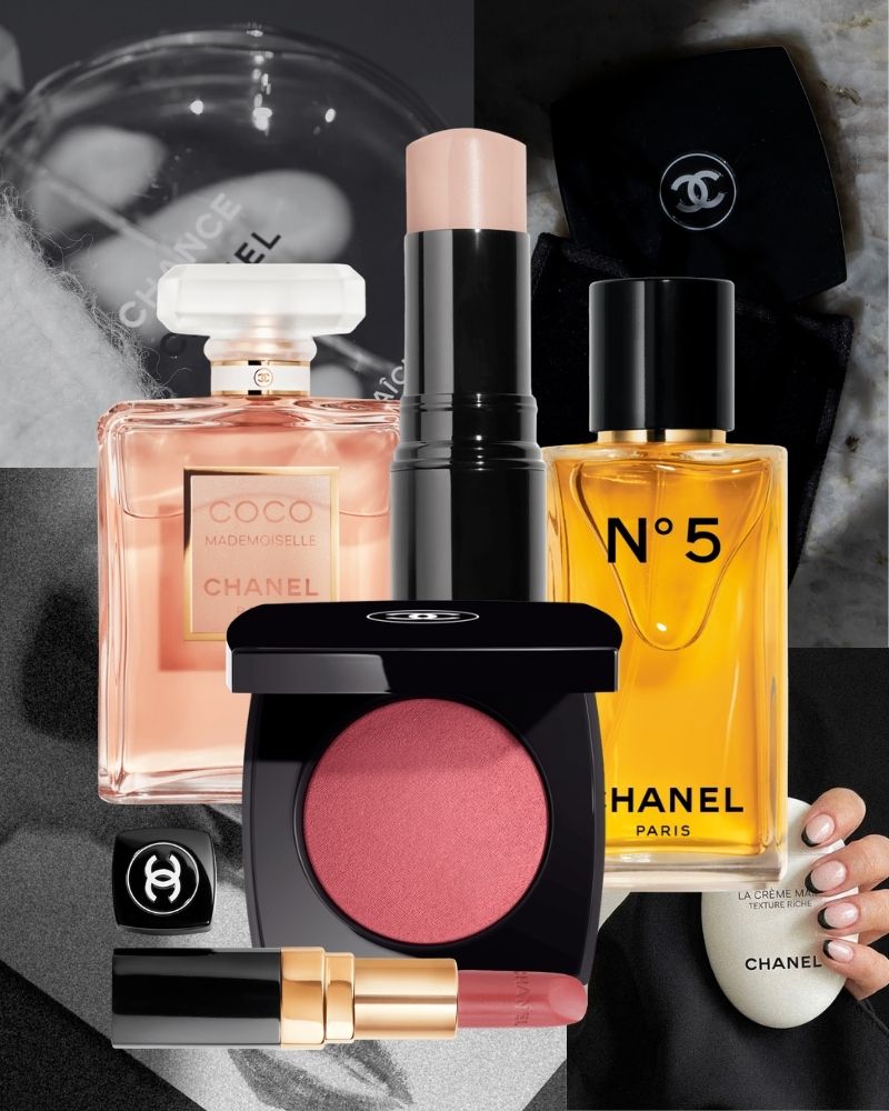Chanel beauty set featuring Coco Mademoiselle perfume%2C N%C2%B05 fragrance%2C blush and lipstick in a luxe editorial collage backdrop