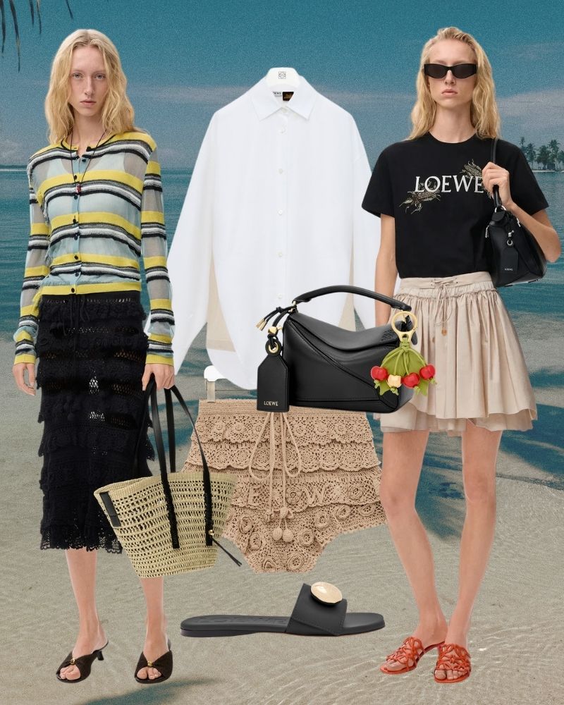 Loewe summer outfit collage with striped cardigan%2C white shirt%2C crochet shorts%2C leather bag and sandals set against beach backdrop