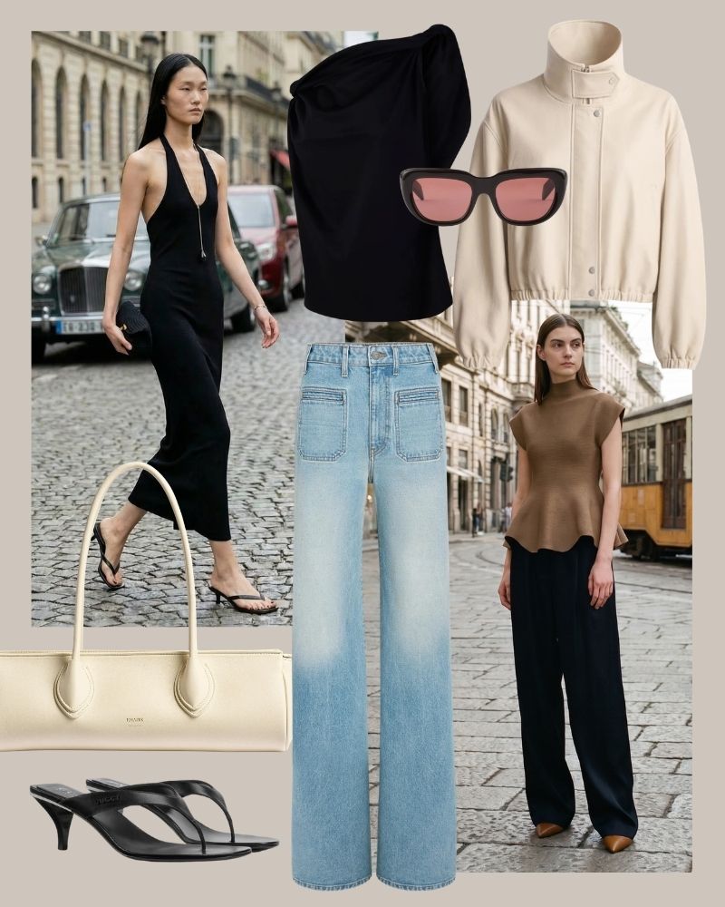 Curated outfit featuring black halter dress%2C wide-leg jeans%2C beige jacket%2C sunglasses and leather accessories%2C styled on a Paris street backdrop