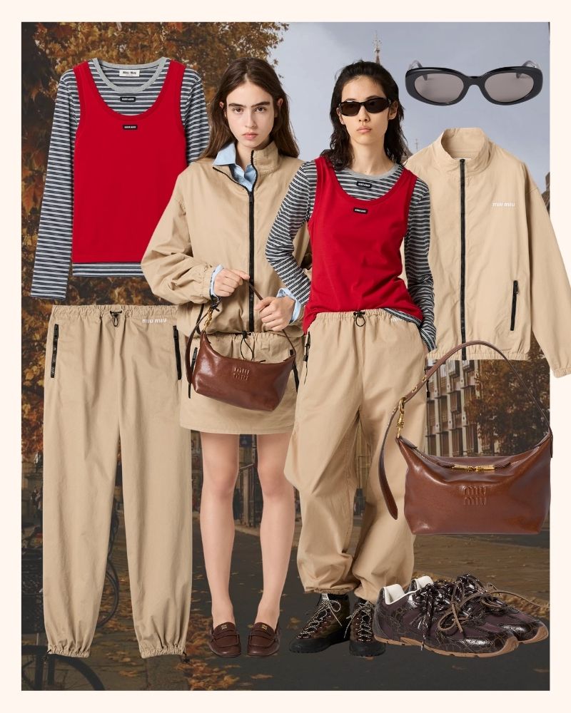 Miu Miu fall collection pairs red layered tops with beige outerwear%2C relaxed trousers%2C brown bags and sporty shoes