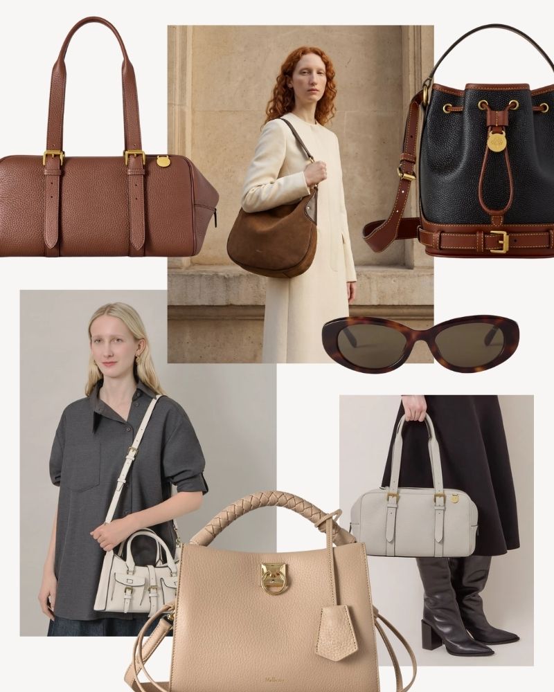 Mulberry leather handbags collection featuring brown shoulder bags%2C cream top-handle totes%2C and bucket bag with gold hardware on neutral backdrop