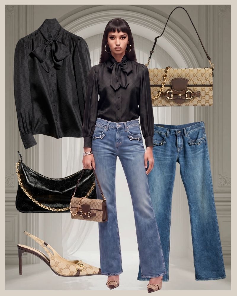 Gucci fashion collage featuring a black bow blouse%2C blue jeans and GG monogram handbags in an elegant interior