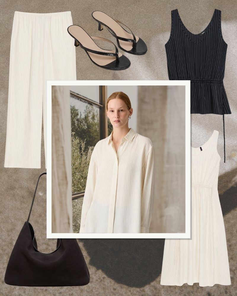 Neutral summer outfit collage featuring cream pleated dress%2C black leather hobo bag%2C kitten heel sandals and pinstripe top on textured backdrop