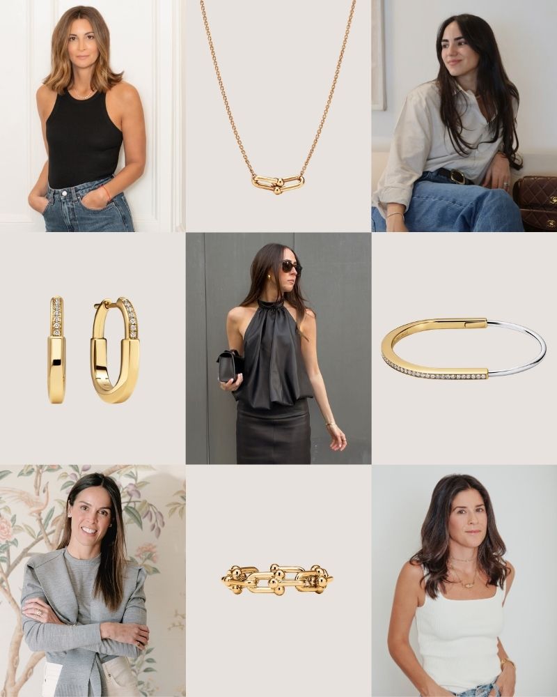 Tiffany %26 Co gold jewelry including bracelets%2C necklace and hoop earrings styled with casual outfits in curated collage layout