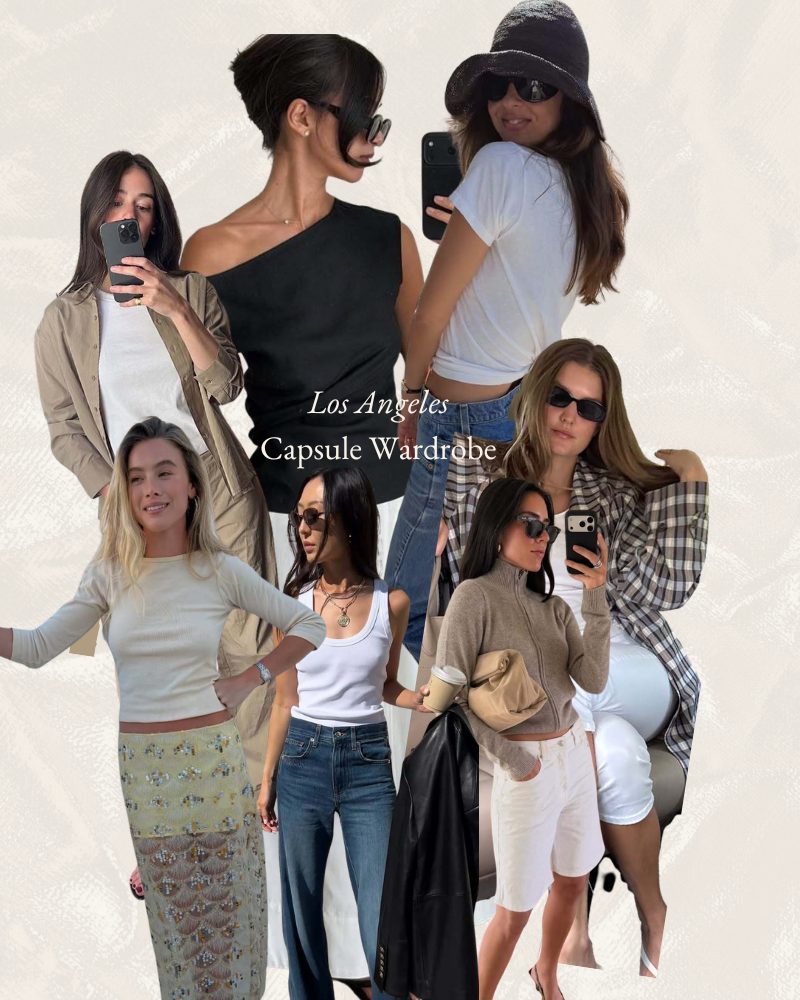 Los Angeles capsule wardrobe outfits featuring neutral blazers%2C white tees%2C denim jeans%2C slip skirt%2C and oversized sunglasses