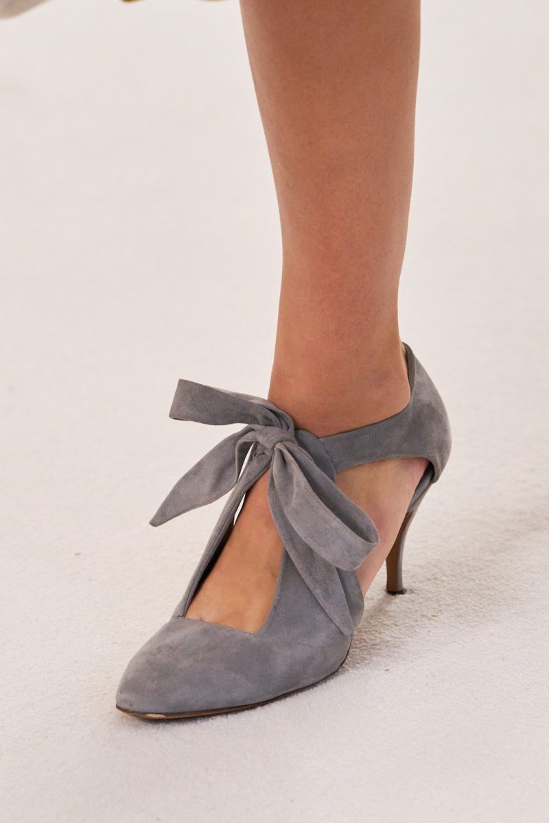Ulla Johnson gray suede pointed-toe high heel with ankle tie bow, elegant and feminine footwear for spring season