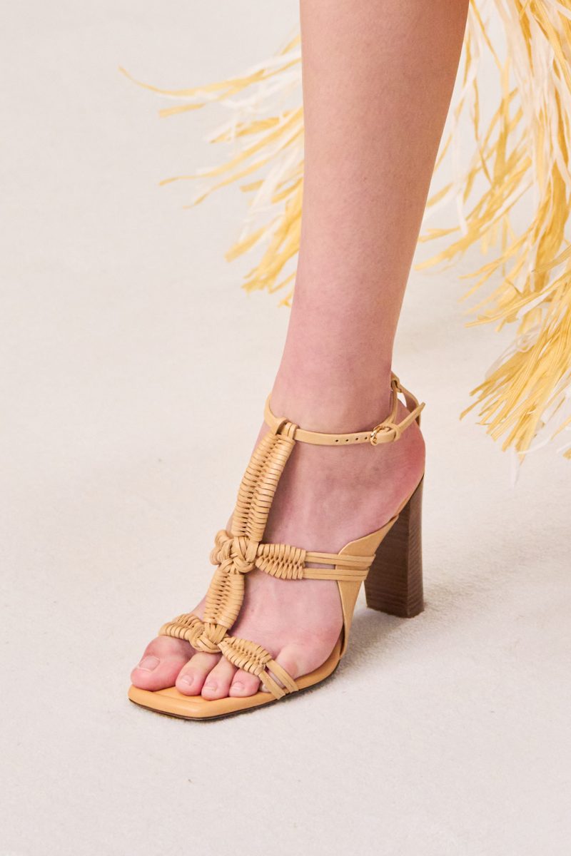 Ulla Johnson tan leather woven strappy high-heeled sandal with ankle buckle and block heel for spring summer style
