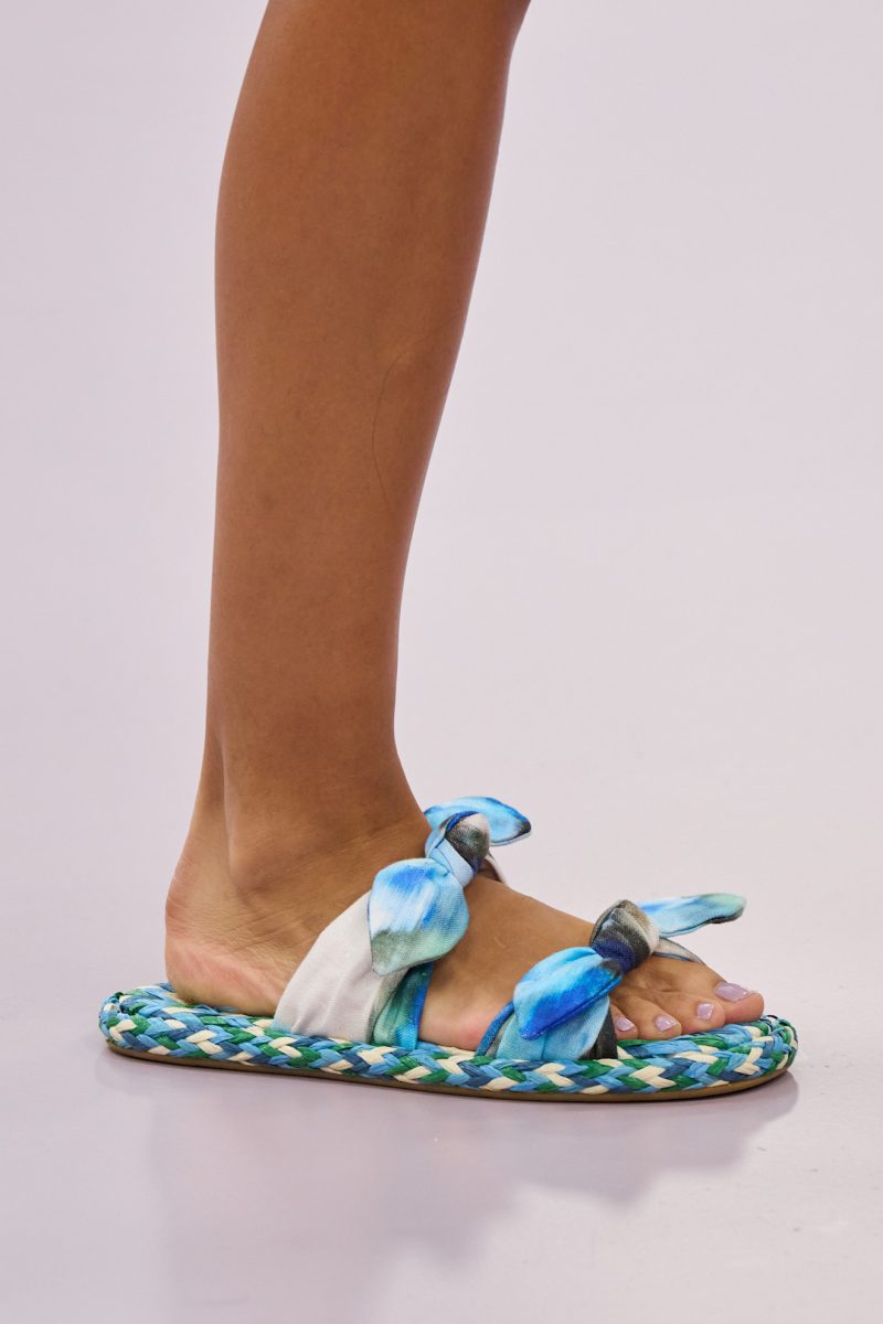 Zimmermann braided sole slide sandals with blue floral fabric knots and open toe design