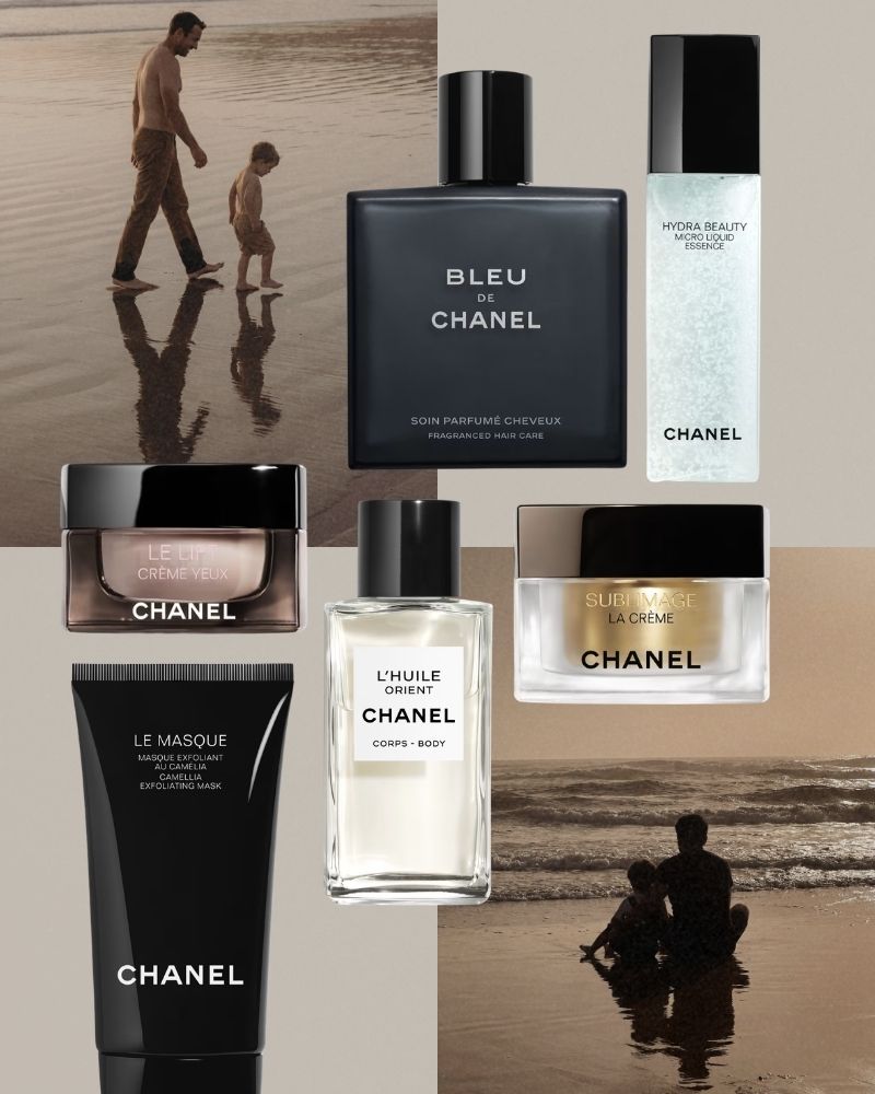 Chanel skincare and fragrance collection featuring Bleu de Chanel%2C Sublimage cream%2C and Le Masque against beach-inspired imagery