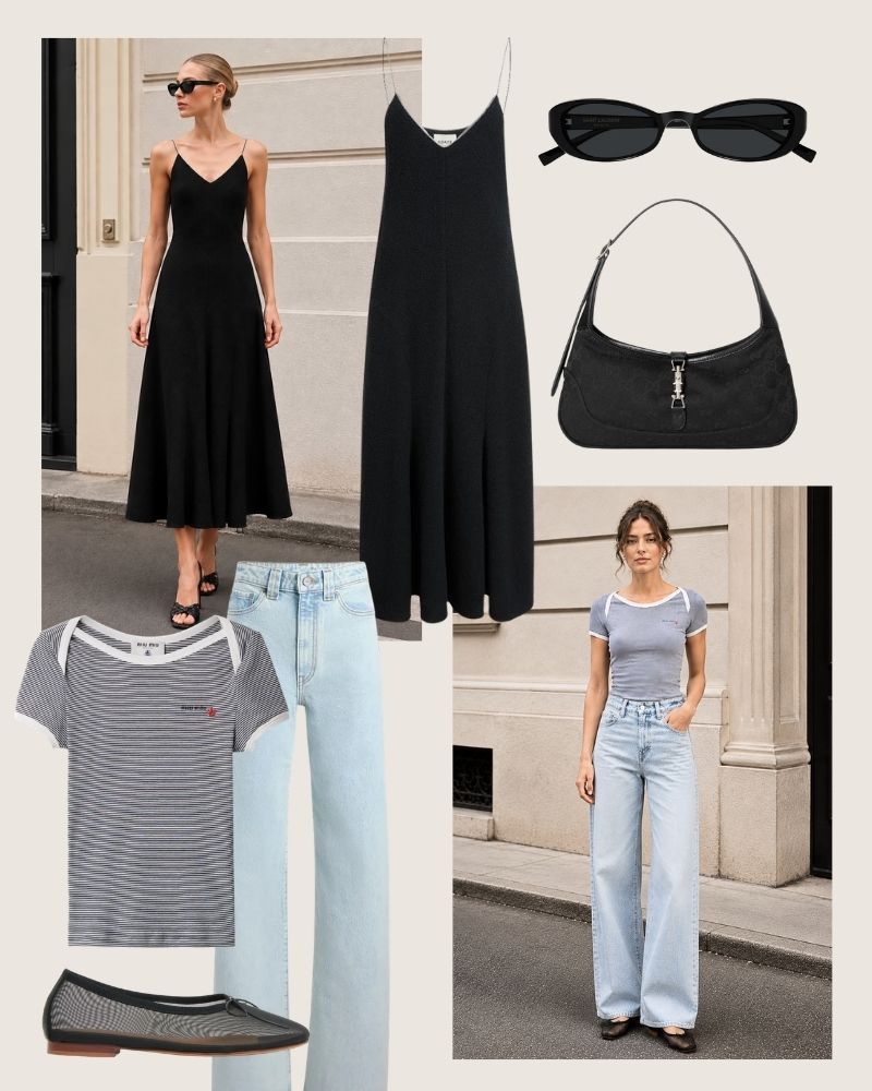 Black slip dress and striped tee with light wash jeans%2C ballet flats and shoulder bag styled for minimalist city wear