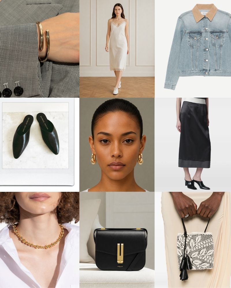 Minimalist fashion collage featuring satin slip dress%2C leather mules%2C gold jewelry and handbags on neutral backdrop