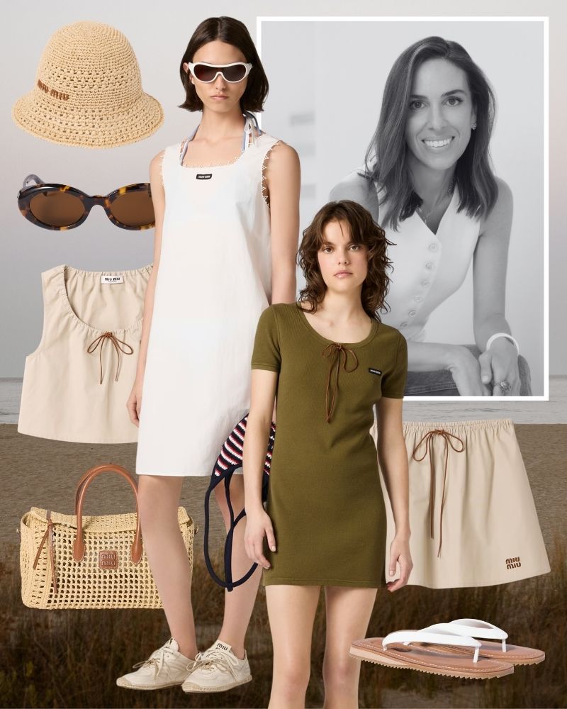 Miu Miu summer looks featuring mini dresses%2C raffia tote%2C sunglasses%2C bucket hat%2C and sandals styled against a beach backdrop