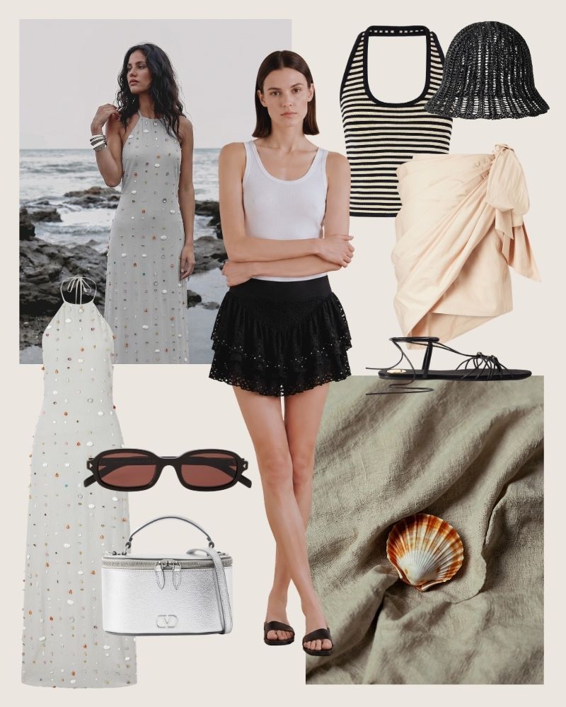 Resort-ready summer fashion collage with slip dresses%2C striped knitwear%2C sandals and beach accessories in neutral tones