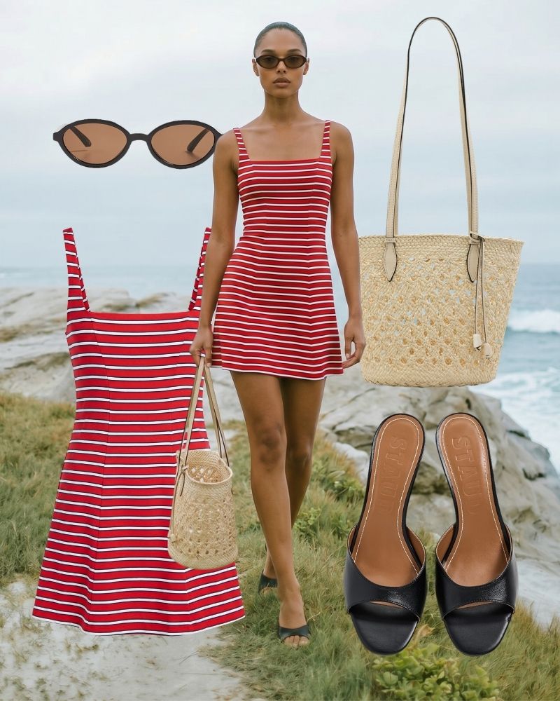 Red striped mini dress with woven tote%2C black slide sandals and oval sunglasses on a coastal backdrop