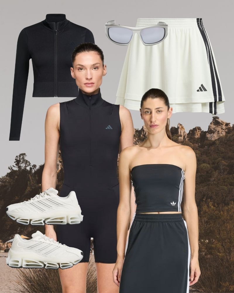 Adidas summer activewear featuring black performance sets%2C white sneakers and tennis skirt against a desert backdrop