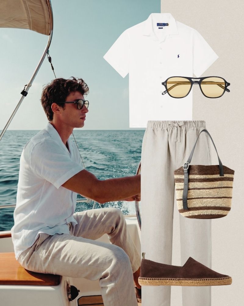 Men%E2%80%99s resort outfit featuring a white polo shirt%2C linen trousers%2C espadrilles%2C and woven tote beside a yacht scene