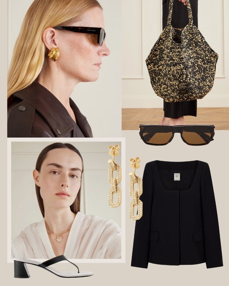 Minimalist fashion collage with oversized blazers%2C cream slip dress%2C mesh slingbacks and leather handbag in neutral tones