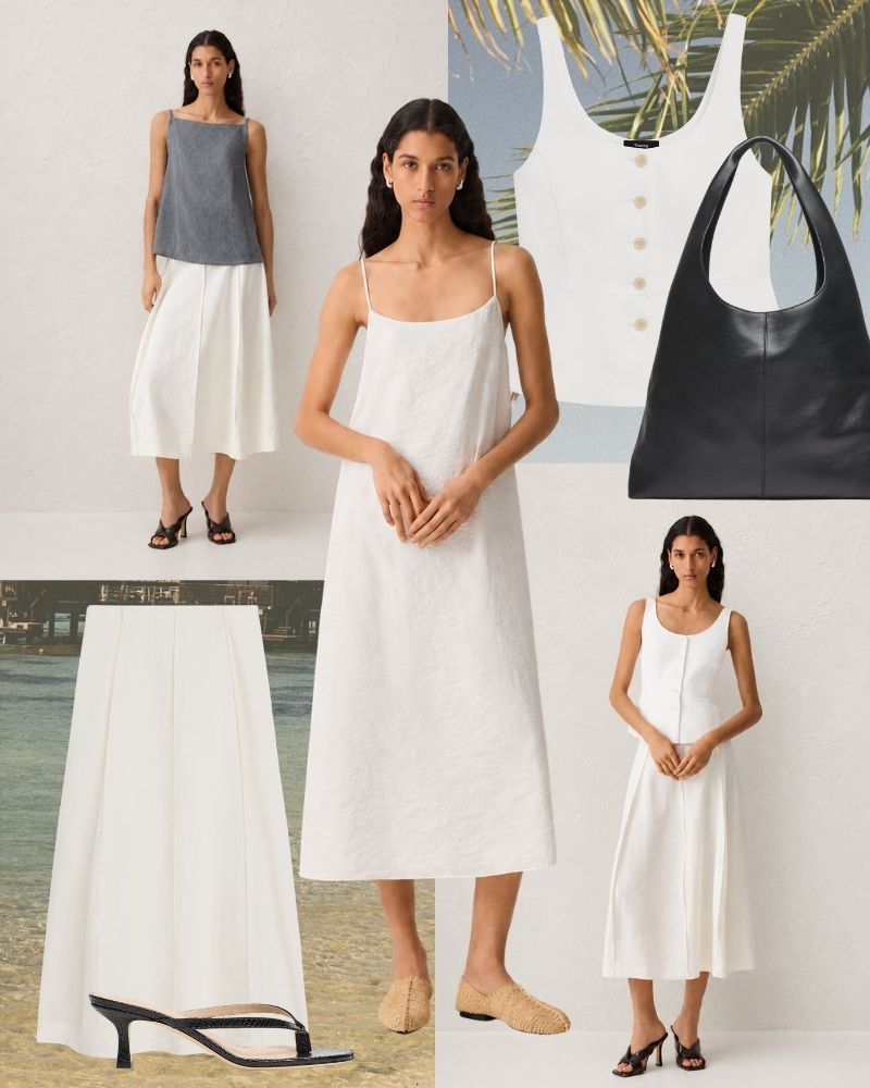Minimalist summer fashion collage with white midi dresses%2C woven flats and oversized black leather tote bag