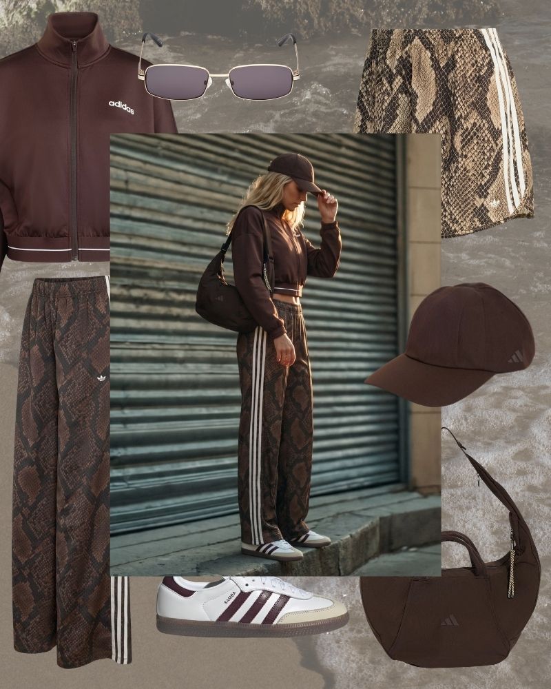 Adidas athleisure capsule featuring snake-print track pants%2C Samba sneakers%2C sporty separates and accessories in a lifestyle collage backdrop