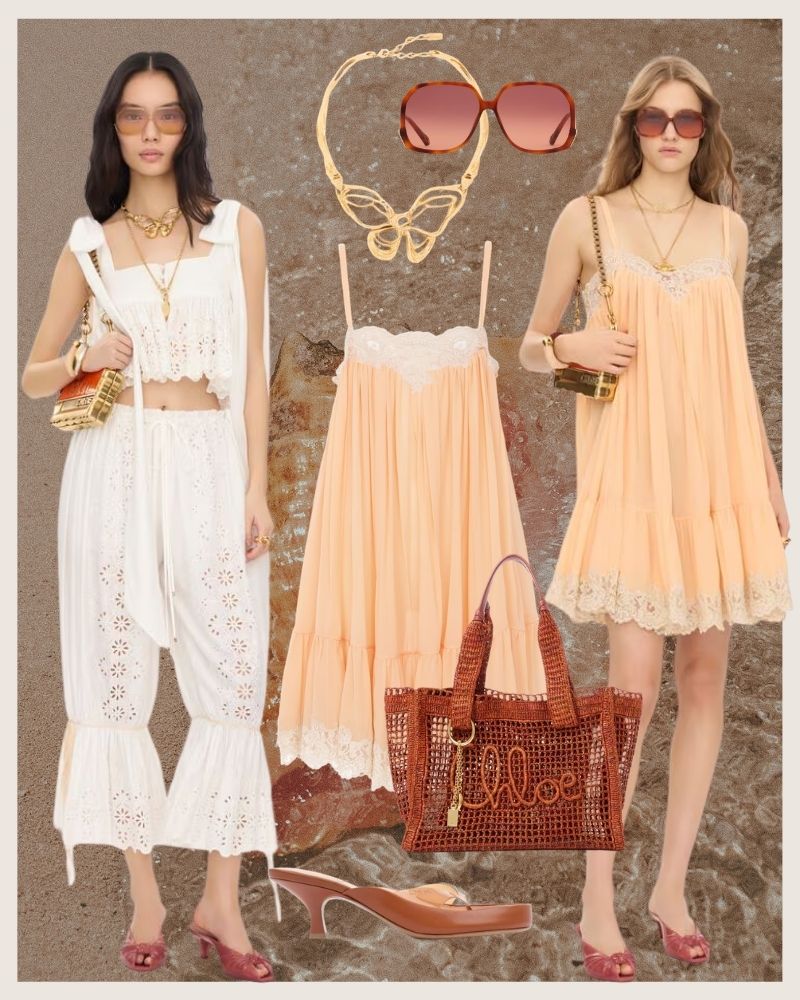 Chlo%C3%A9 summer fashion edit featuring blush lace mini dresses%2C oversized sunglasses%2C woven tote bag and sandals on a warm-toned backdrop