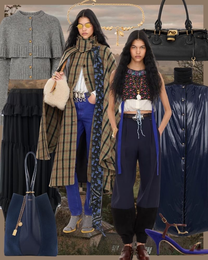 Chlo%C3%A9 fashion collage featuring flowing dresses%2C leather jackets%2C platform heels and statement bags 