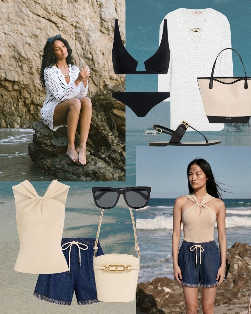 Beach vacation outfit collage featuring a white crochet cover-up%2C black bikini%2C denim shorts and tote bag by the shore