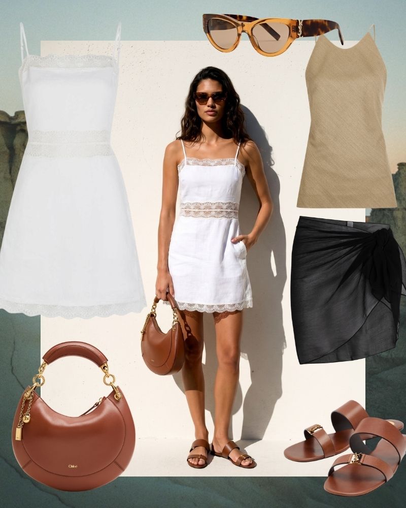 Chlo%C3%A9 crescent shoulder bag styled with a white lace-trim mini dress and brown leather sandals against a sunlit resort backdrop